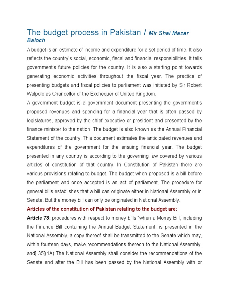 The Budget Process in Pakistan /: Mir Shai Mazar Baloch | PDF ...