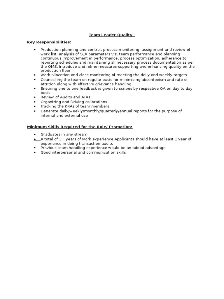 Team Leader Quality - Key Responsibilities | PDF