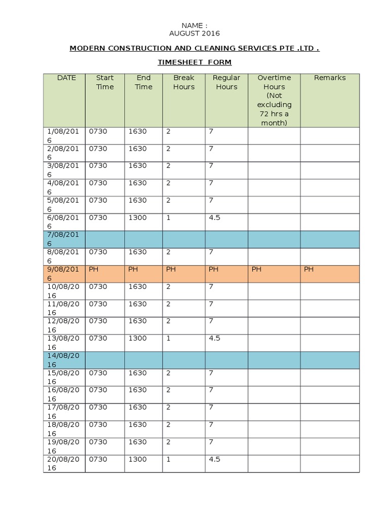 Modern Construction and Cleaning Services Pte .LTD - Timesheet Form | PDF