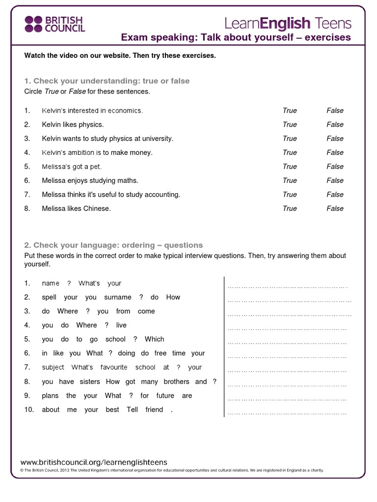 Talk About Yourself - Exercises 0 | PDF