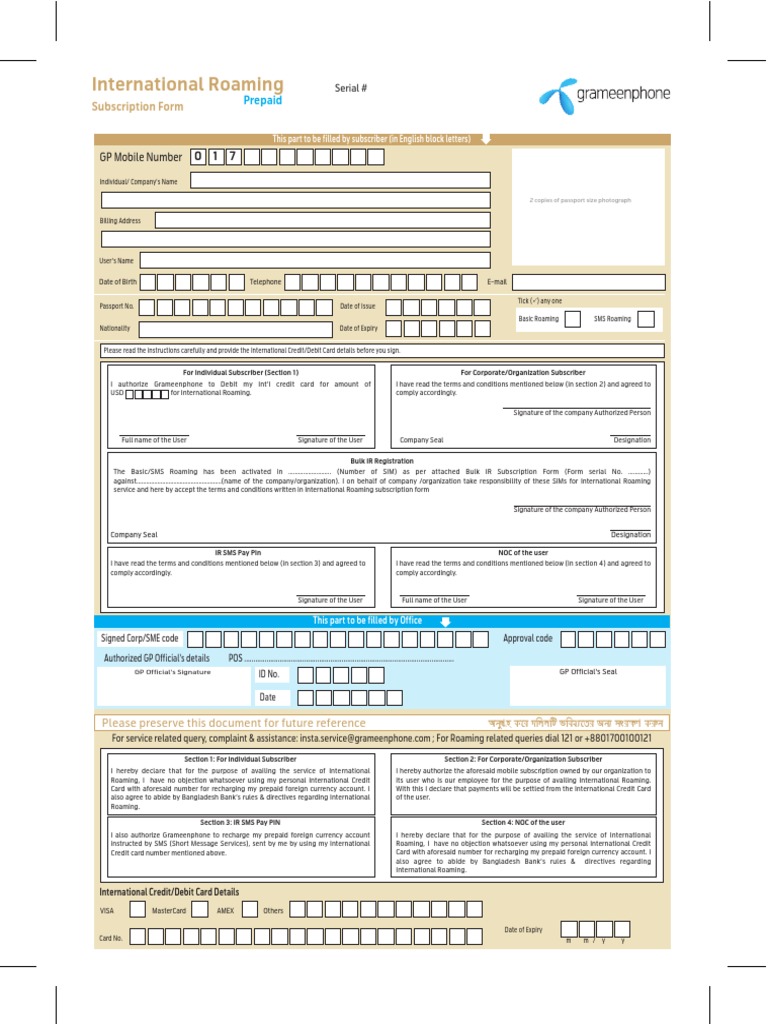 IR Subscription-Form Prepaid | PDF | Roaming | Subscriber Identity Module