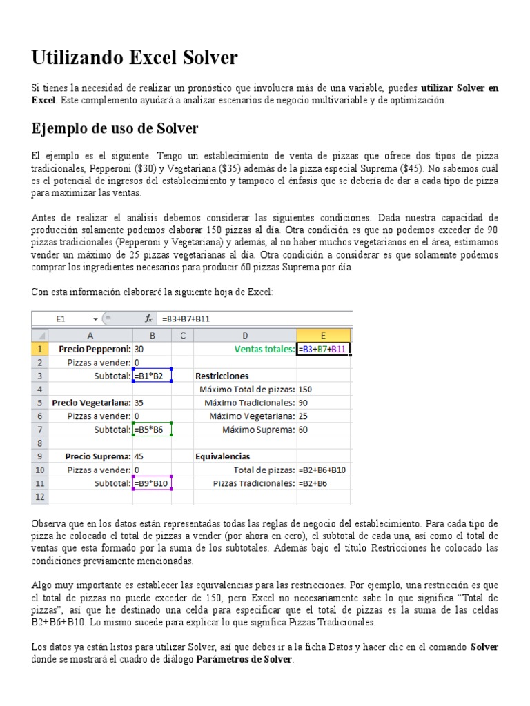 Utilizando Excel Solver | PDF | Pizza | Microsoft Excel