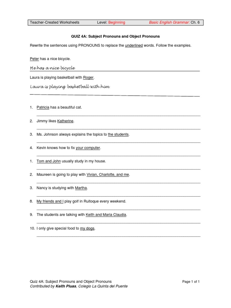 Subject and Object Pronouns Quiz | PDF | Language Arts & Discipline