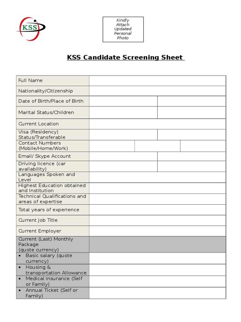 KSS Candidate Screening Sheet: Kindly Attach Updated Personal Photo | PDF