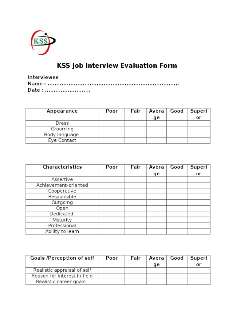 KSS Job Interview Evaluation Form | PDF | Career & Growth