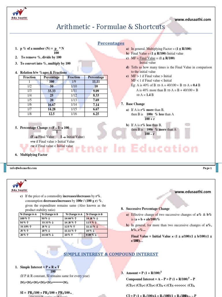 Percentages Shortcuts Formulas For CAT - EDUSAATHI | PDF | Percentage ...