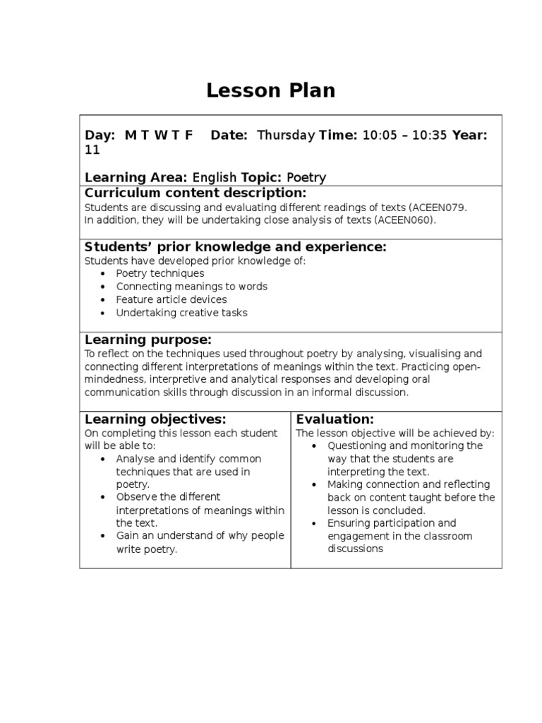 Grade 11 Poetry Lesson Plan | PDF | Lesson Plan | Semiotics