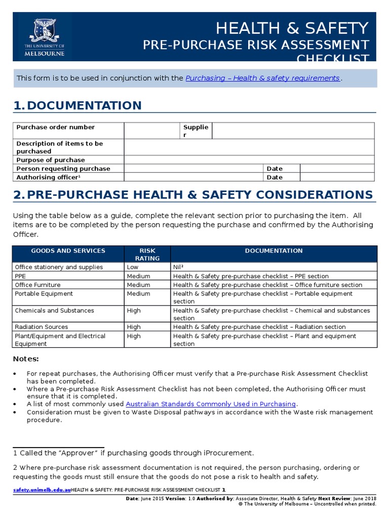 Health and Safety Prepurchase Risk Assessment Checklist | PDF ...