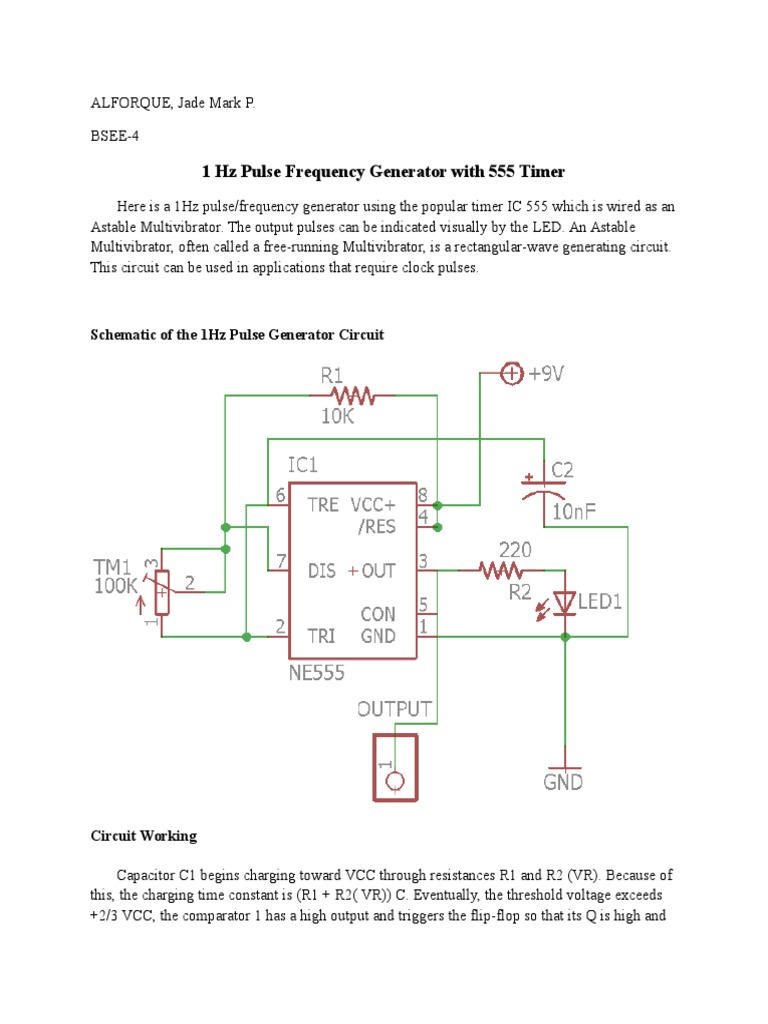 1 HZ Pulse Frequency Generator With 555 Timer | PDF