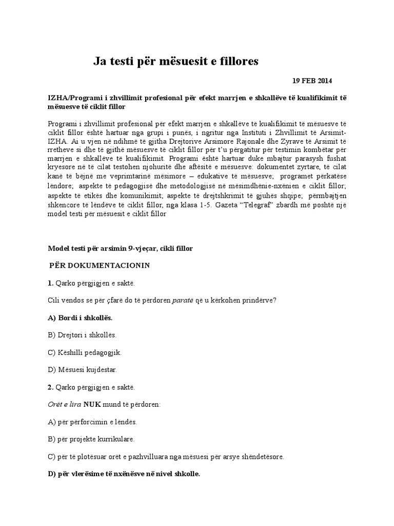 Ja Testi Për Mësuesit e Fillores | PDF