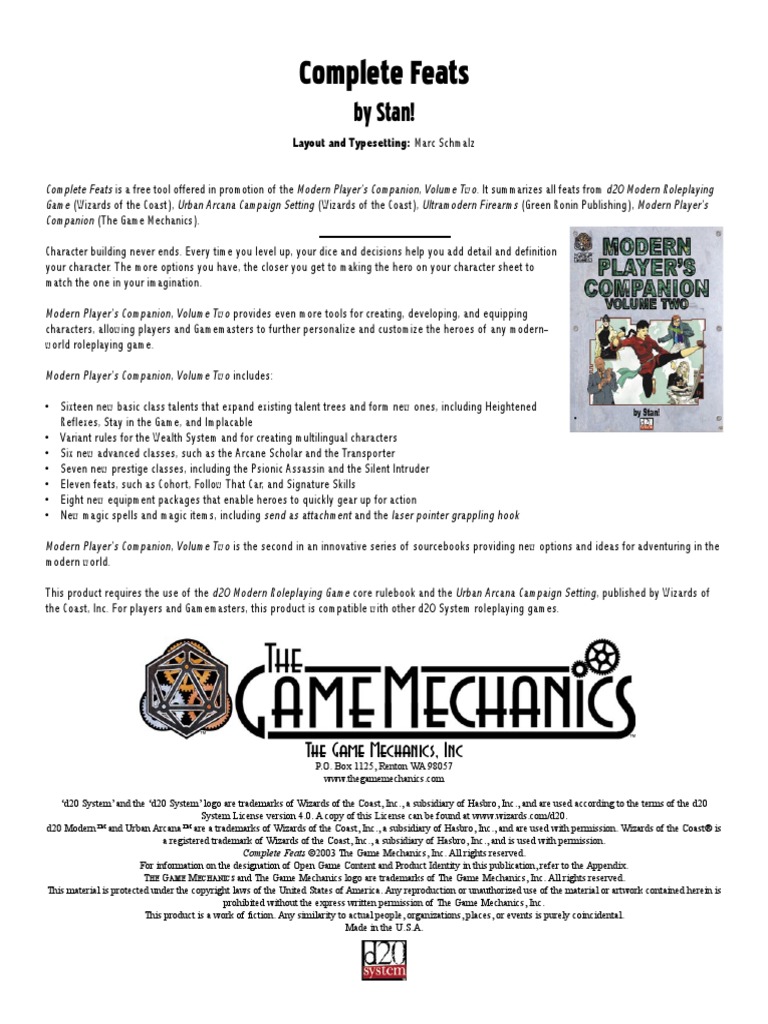 D20 Modern Player Feats | PDF | D20 System | Copyright