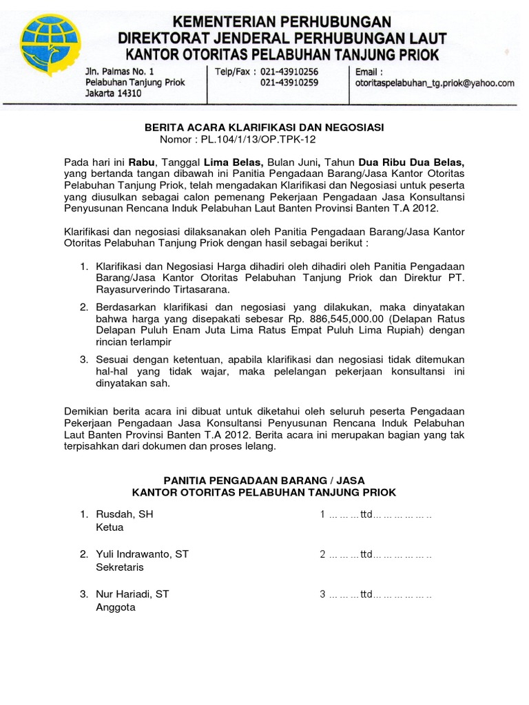 Berita Acara Negosiasi Harga Konsultansi | PDF