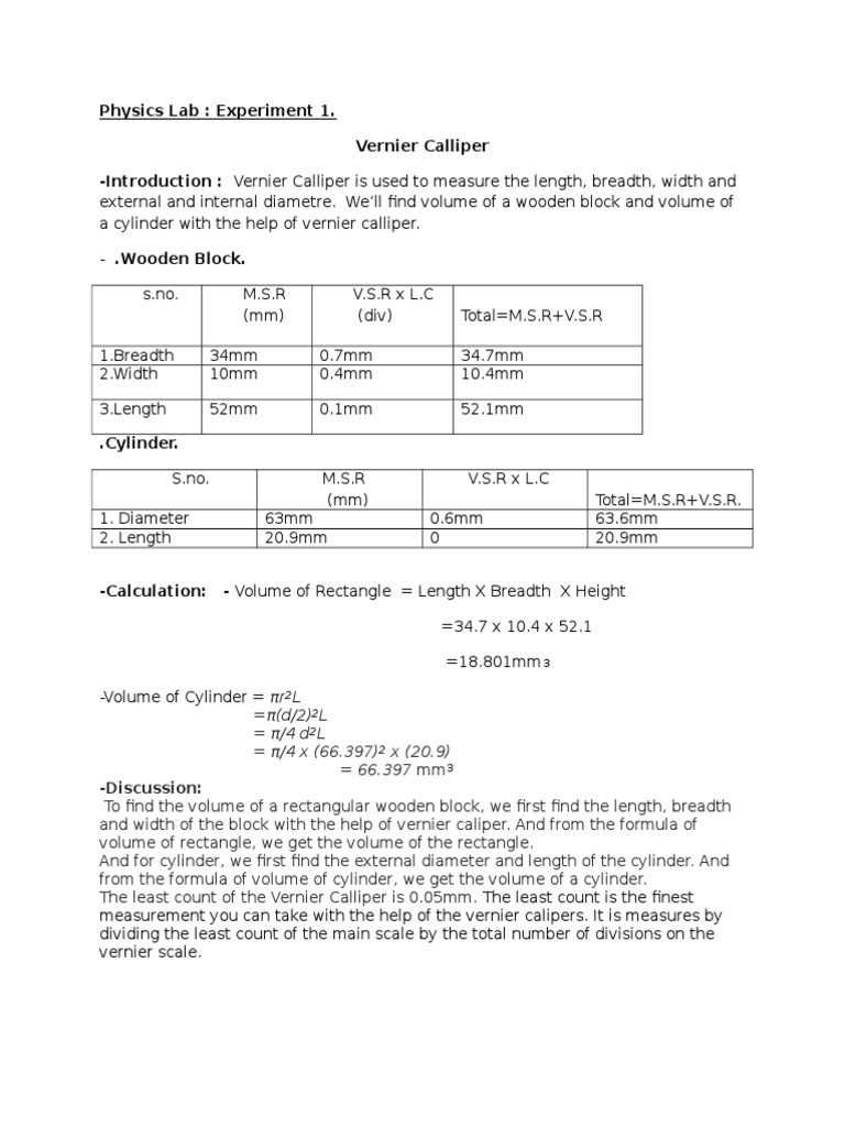 Physics Lab: Experiment 1. Vernier Calliper - Introduction: Vernier ...