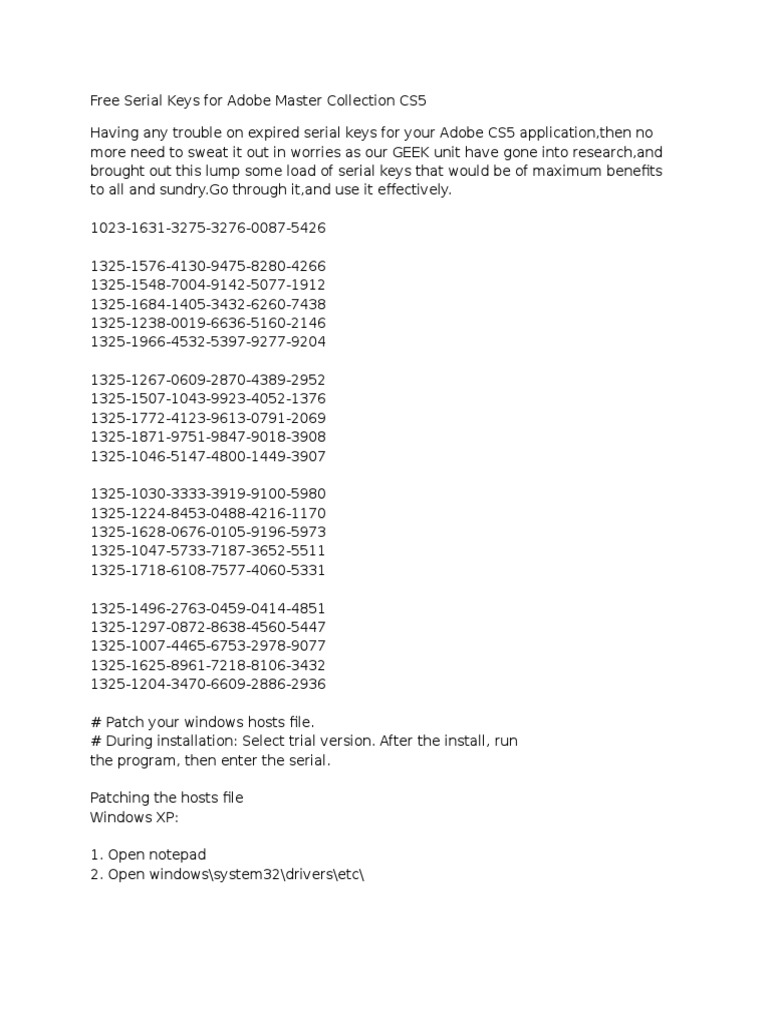Free Serial Keys For Adobe Master Collection CS5 | PDF | Adobe Creative ...