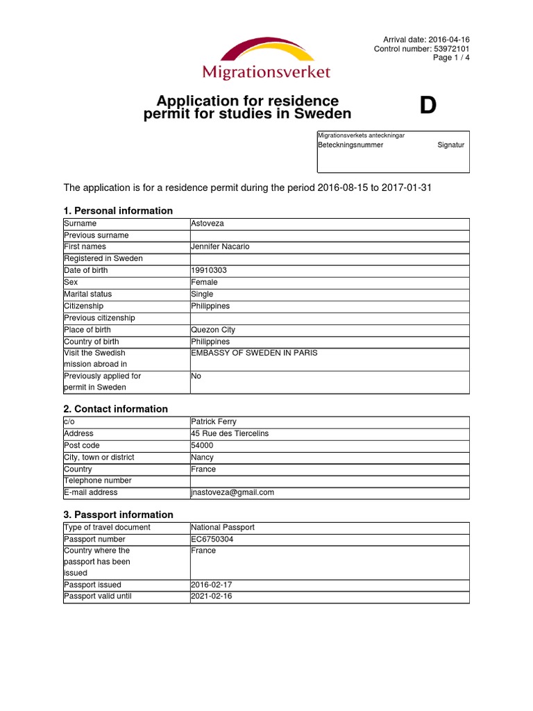Residence Permit Application | PDF | Passport | Sweden