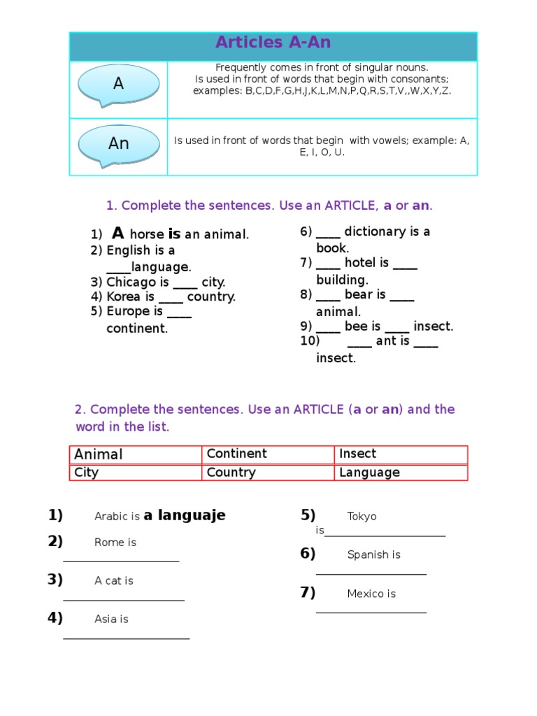 Articles A-An: 1. Complete The Sentences. Use An ARTICLE, A or An | PDF ...