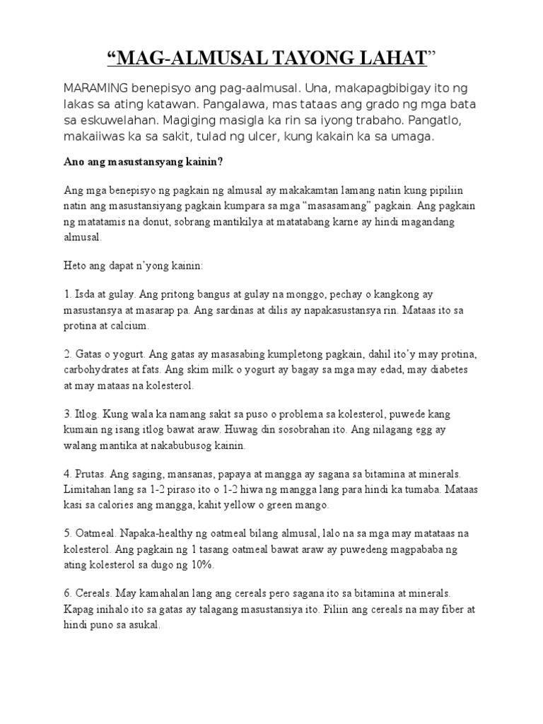 "Mag-Almusal Tayong Lahat": Ano Ang Masustansyang Kainin? | PDF