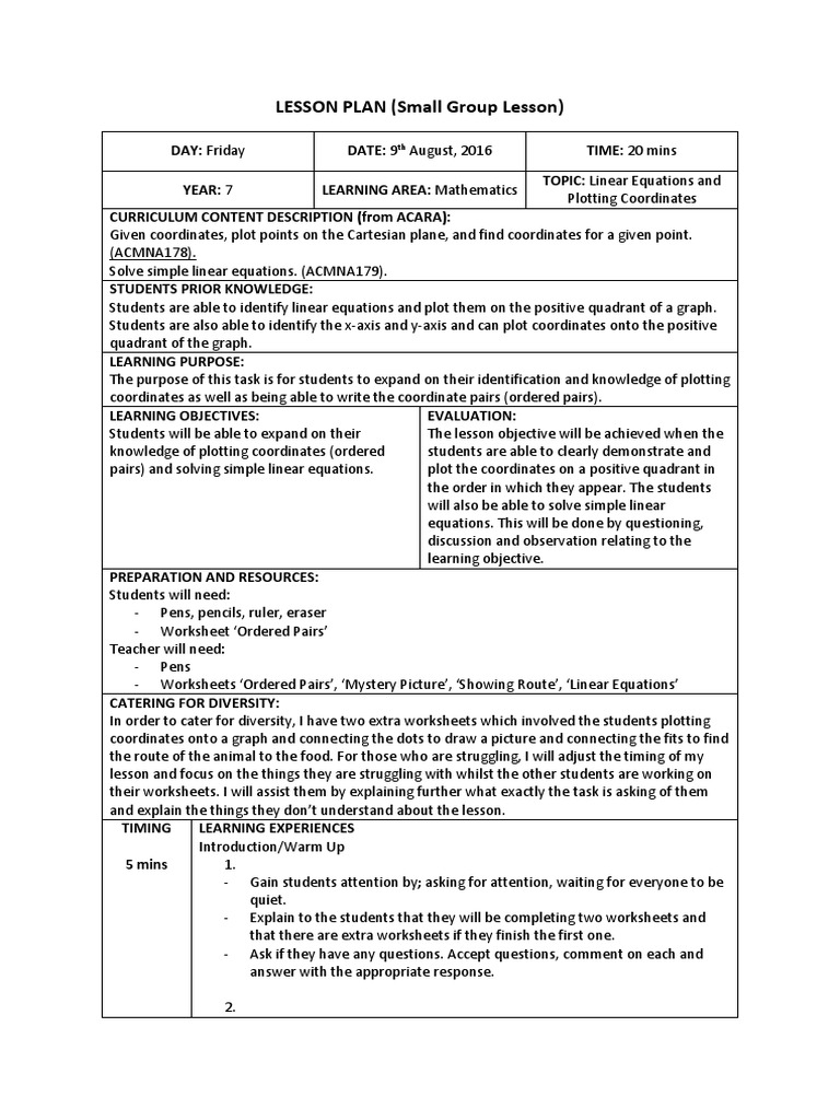 Lesson Plan - Year 7 - Small Group Lesson - Maths | PDF | Cartesian ...