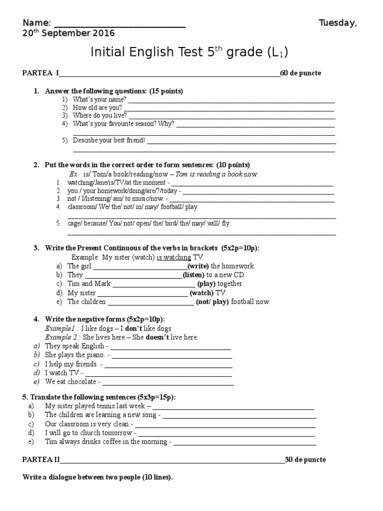 Initial English Test for 5th Grade | PDF