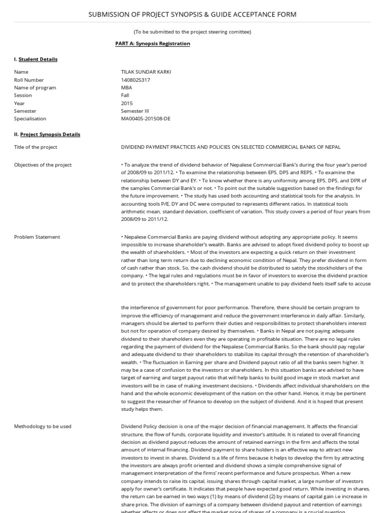 Project Synopsis Submission Details | PDF | Dividend | Investor