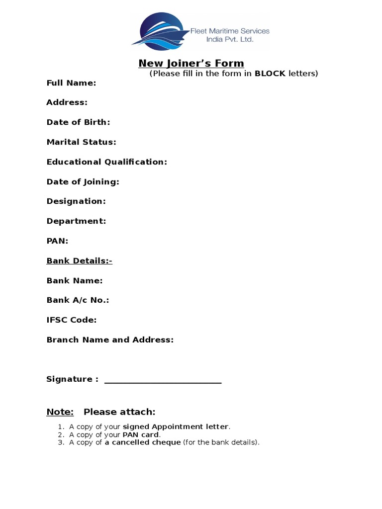 New Joiner's Form: (Please Fill in The Form in BLOCK Letters) | PDF
