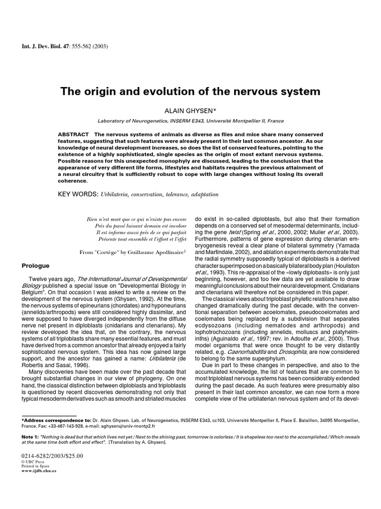 The Origin And Evolution Of The Nervous System Pdf Nervous System Central Nervous System