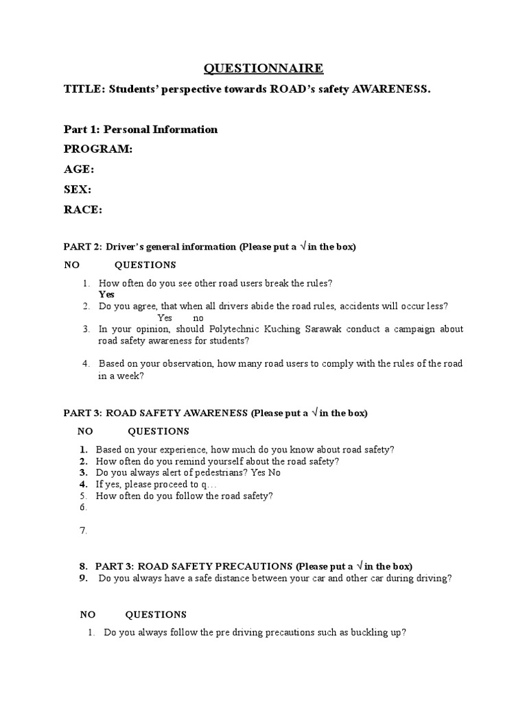 Questionnaire | PDF | Road Traffic Safety | Safety