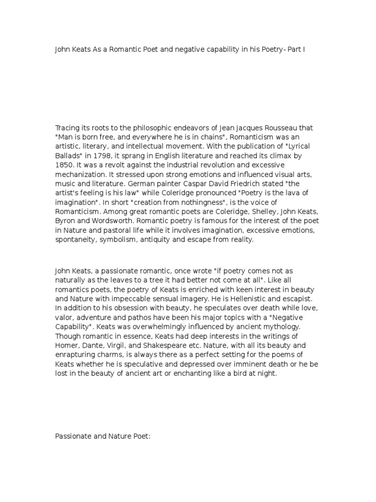 Keats As Romatic Poet | PDF | Romanticism | John Keats