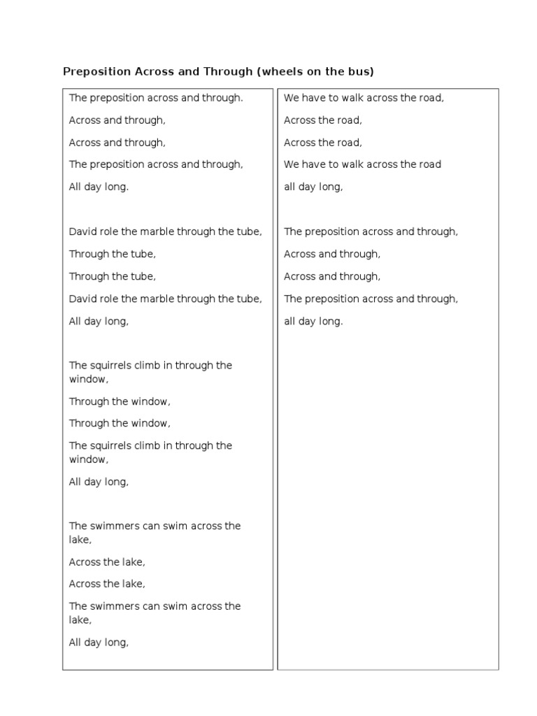 Preposition Song Across and Through | PDF | Swimming | Water Sports