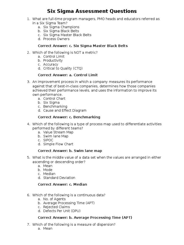 Six Sigma GB Workshop Assessment Questions | PDF | Six Sigma | Standard ...