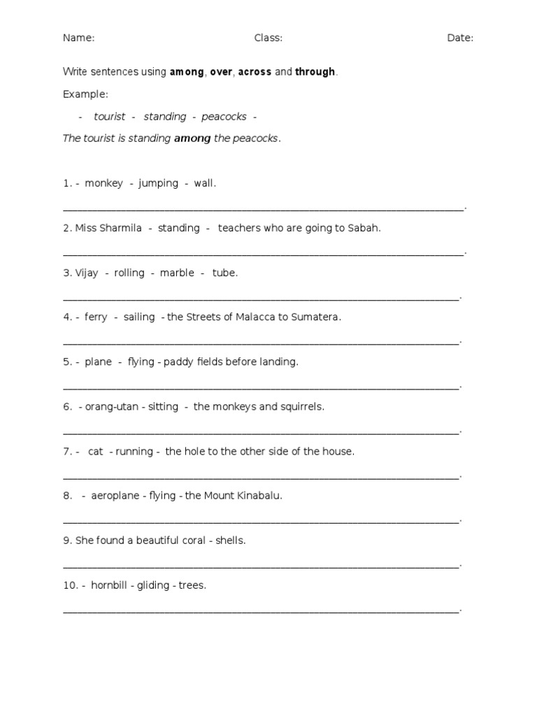 Write Sentences Using Among, Over, Across and Through | PDF