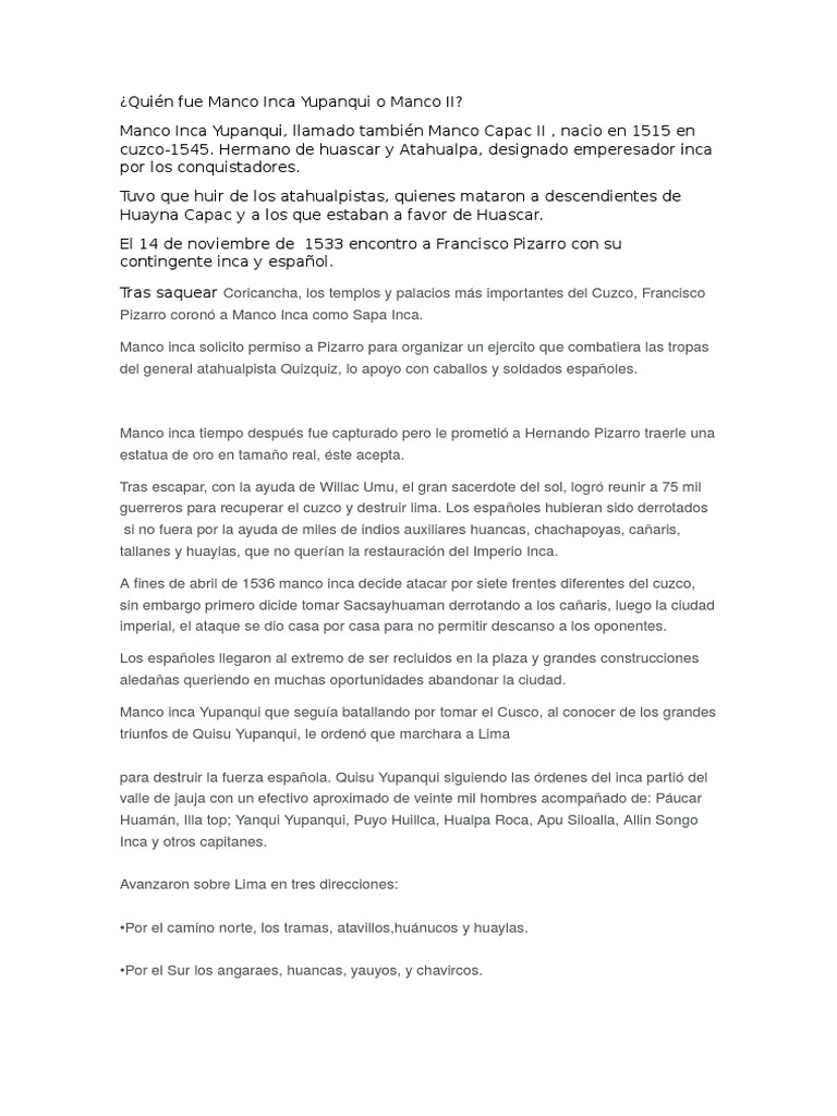 Quién Fue Manco Inca Yupanqui o Manco II | PDF | Colonización española ...