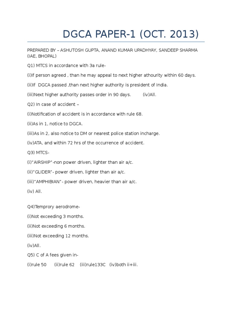 DGCA PAPER-1 (OCT. 2013) | Aviation | Aeronautics