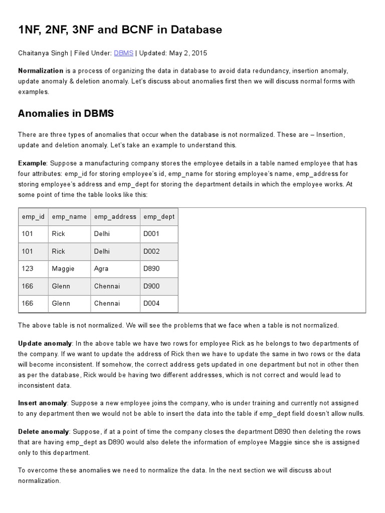 Normalization In Dbms 1nf 2nf 3nf And Bcnf In Database Information Science Databases