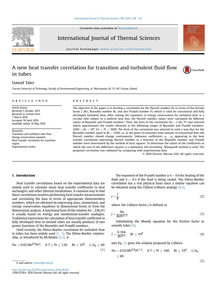 A New Heat Transfer Correlation For Transition and Turbulent Fluid Flow in Tubes | Download Free ...
