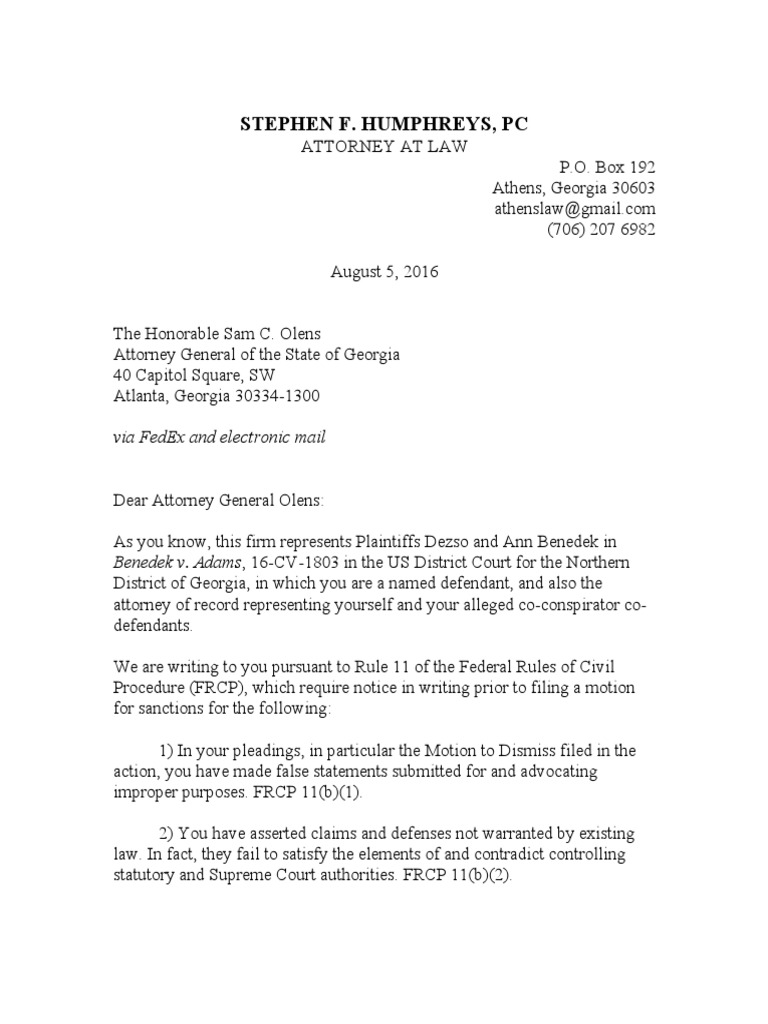 Olens Rule 11 Service Letter | PDF | Federal Rules Of Civil Procedure ...