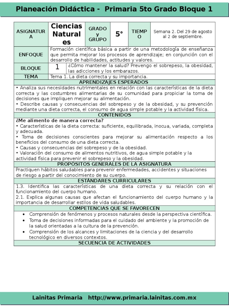 Plan 5to Grado - Bloque 1 Ciencias Naturales (2016-2017) | PDF | Obesidad | Dieta