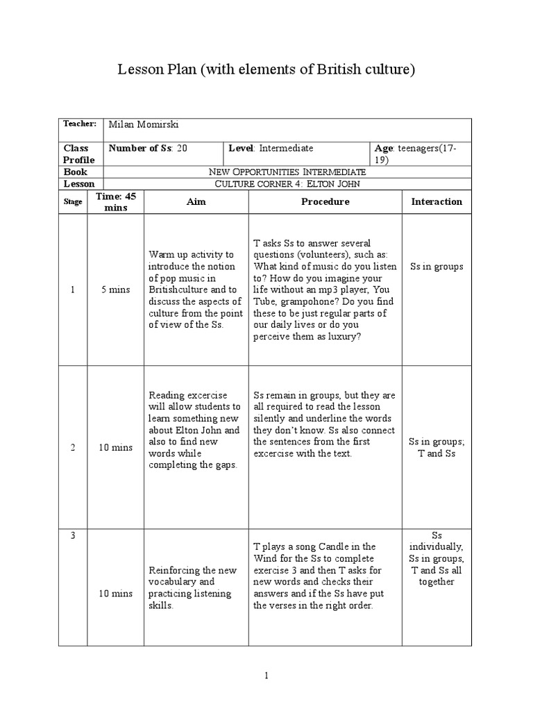 Lesson Plan (With Elements of British Culture) | PDF | Language Arts ...