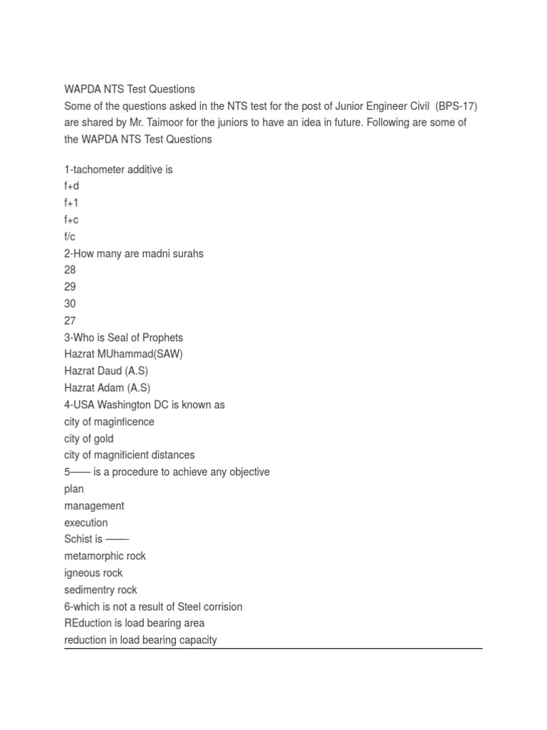 Nts Test Questions Wapda | PDF | Strength Of Materials | Concrete