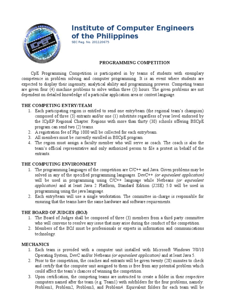 2016 ICpEP CpE Challenge Mechanics Programming Competition | PDF | Computer Programming | Java ...