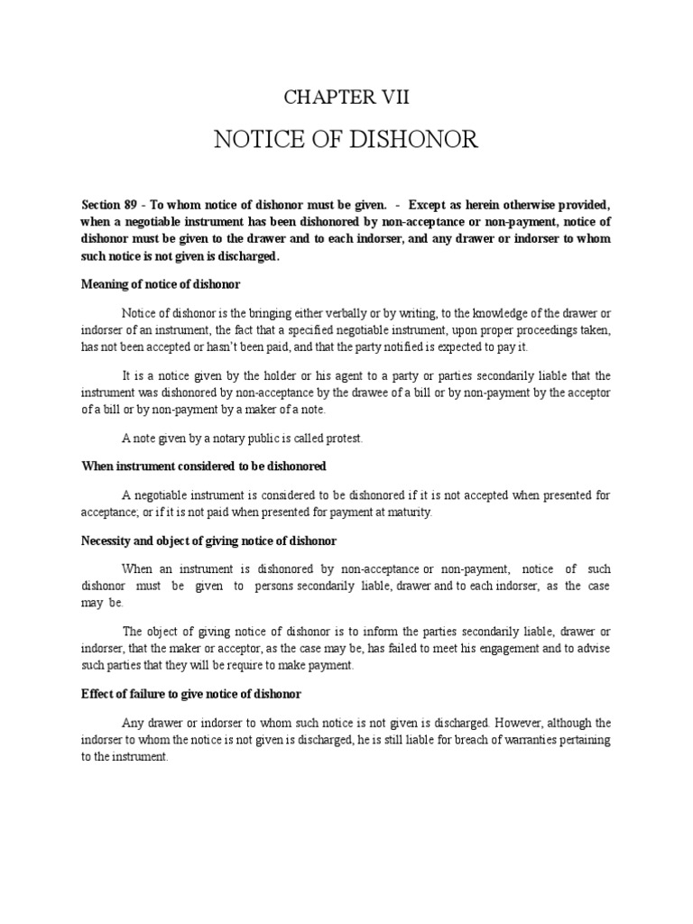 Law Notice of Dishonor | Law Of Agency | Negotiable Instrument