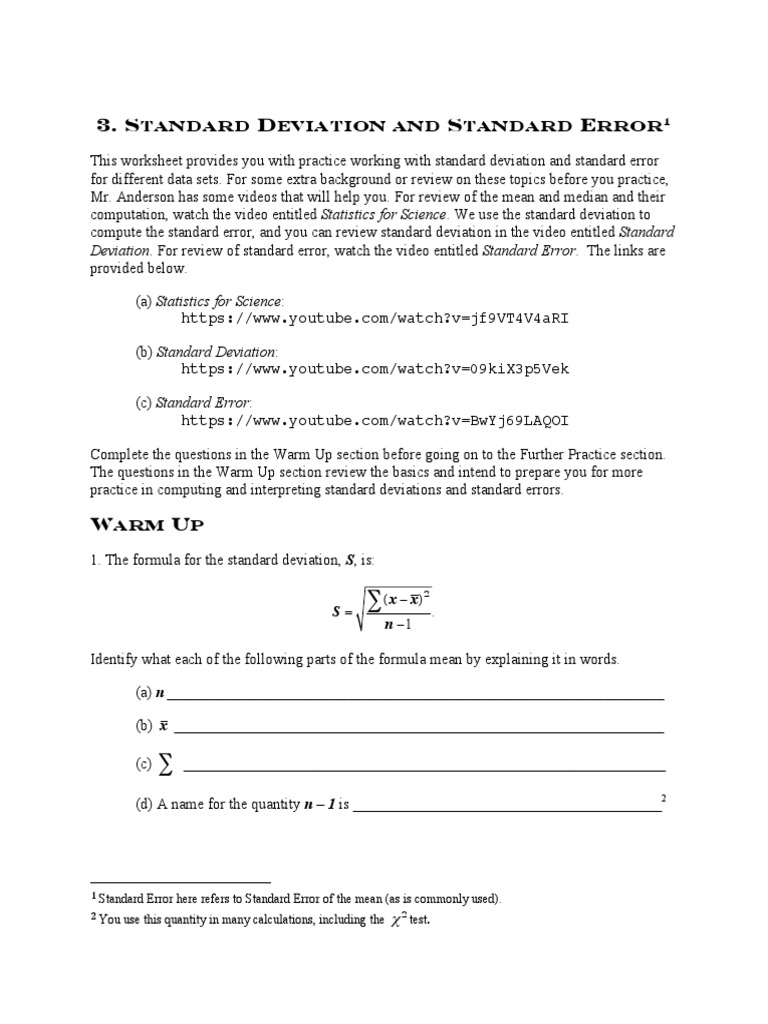 Standard Deviation Practice Worksheet | PDF | Standard Error | Errors ...