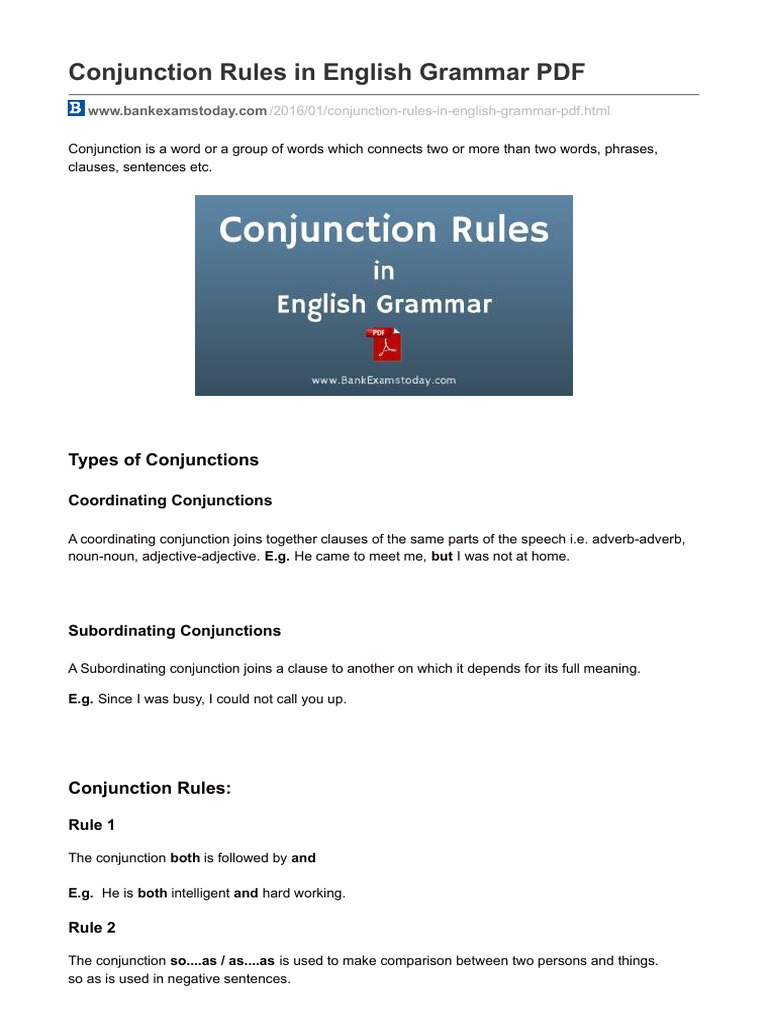 Conjunction Rules in English Grammar PDF | PDF | English Grammar | Clause