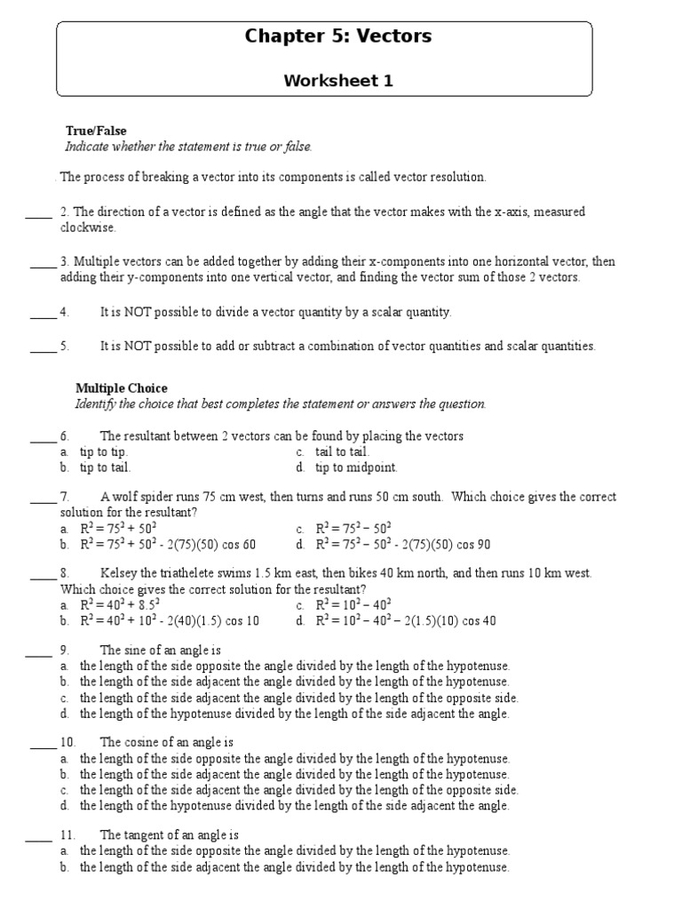 Vectors Worksheet | PDF | Euclidean Vector | Angle