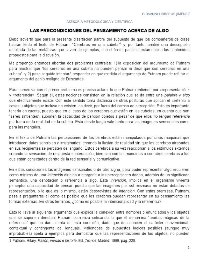 Cerebros en Una Cubeta | PDF | René Descartes | Verdad Cerebros en Una Cubeta | PDF | René Descartes | Verdad