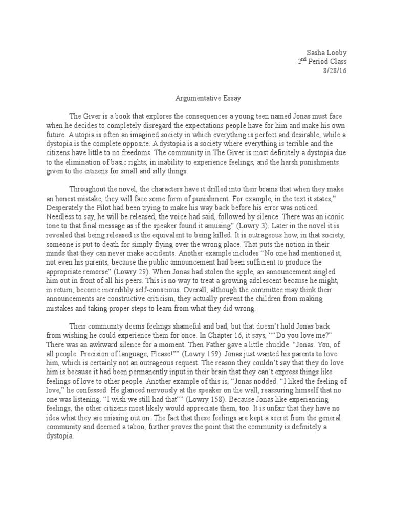 Argumentative Essay The Giver | PDF | The Giver | Dystopia