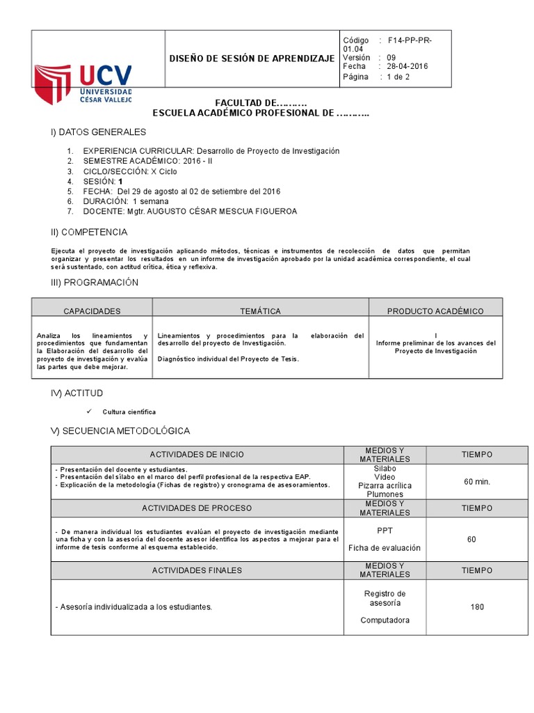 f14-Pp-pr-01.04 Diseño de Sesión de Aprendizaje 1 Pdi | PDF | Aprendizaje | Maestros