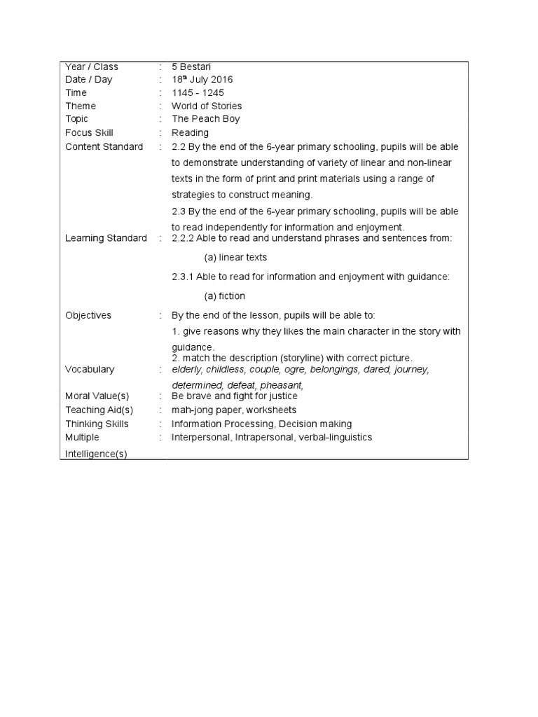 The Peach Boy L.2 | PDF | Reading (Process) | Lesson Plan