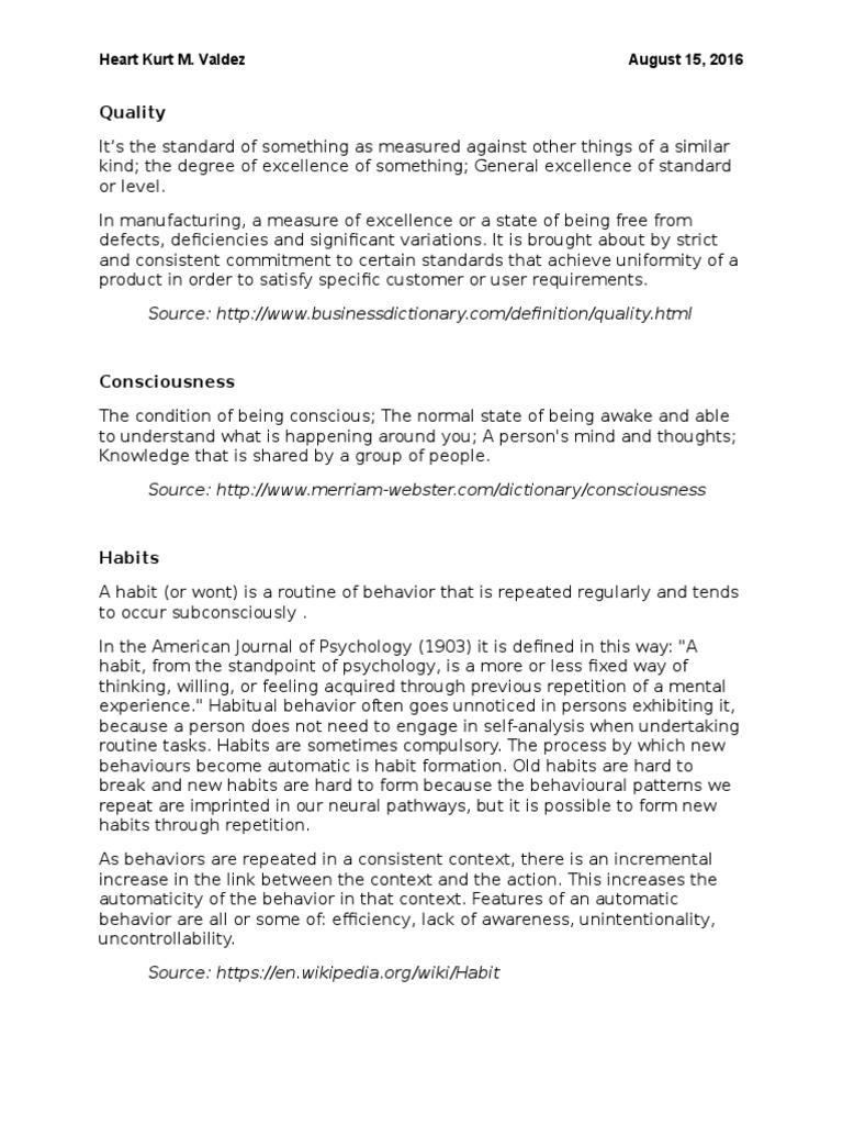 Quality Consciousness Habits and Processes | PDF | Habits | Neuropsychology