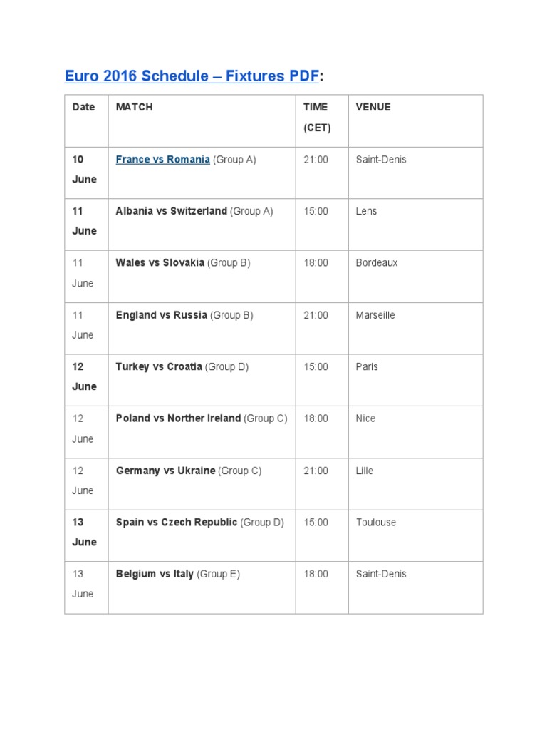 Euro 2016 Schedule - Fixtures PDF | PDF